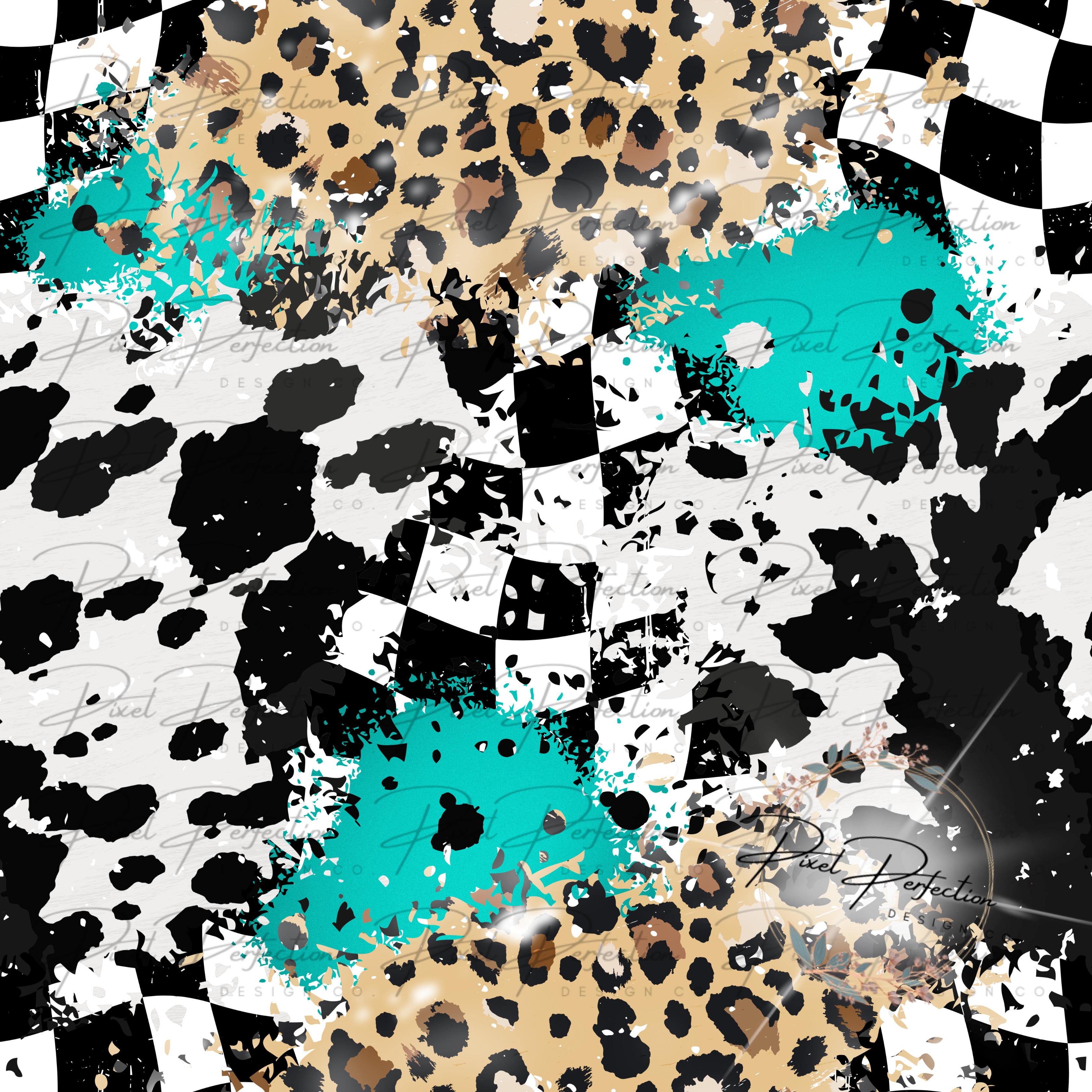 Western punchy checkered leopard cowhide turquoise seamless digital pa ...